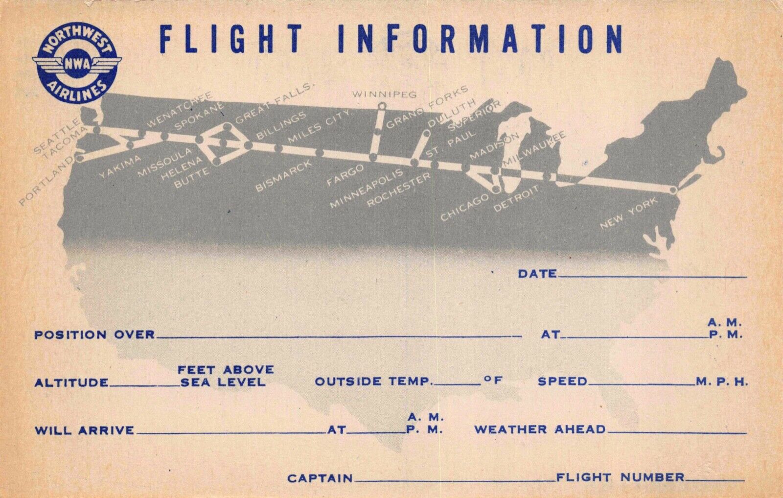 Postcard Flight Information Route Map Northwest Airlines NWA~121073 ...