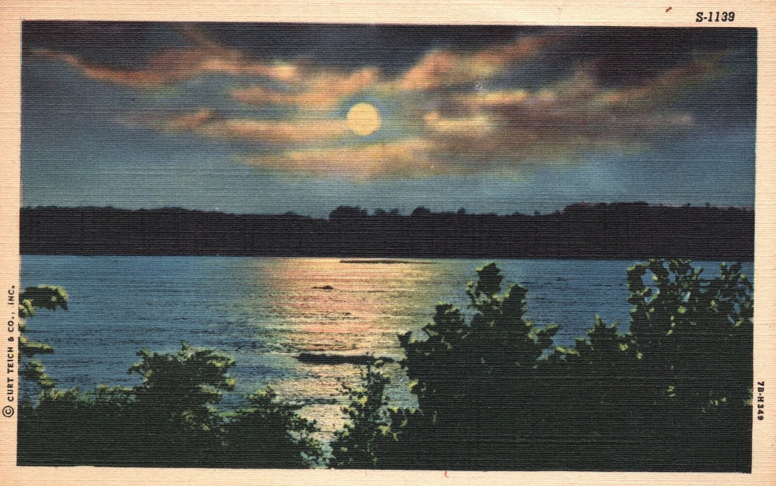 Vintage Postcard 1949 Scenery at Night Ocean Sea Water Full Moon Trees ...
