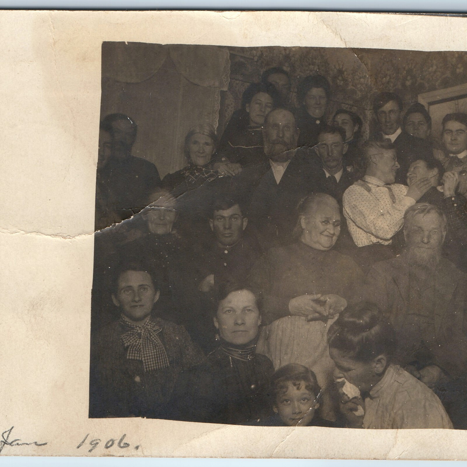 1906 UDB Crowded Family Portrait RPPC Inside House Gathering Fun Group ...