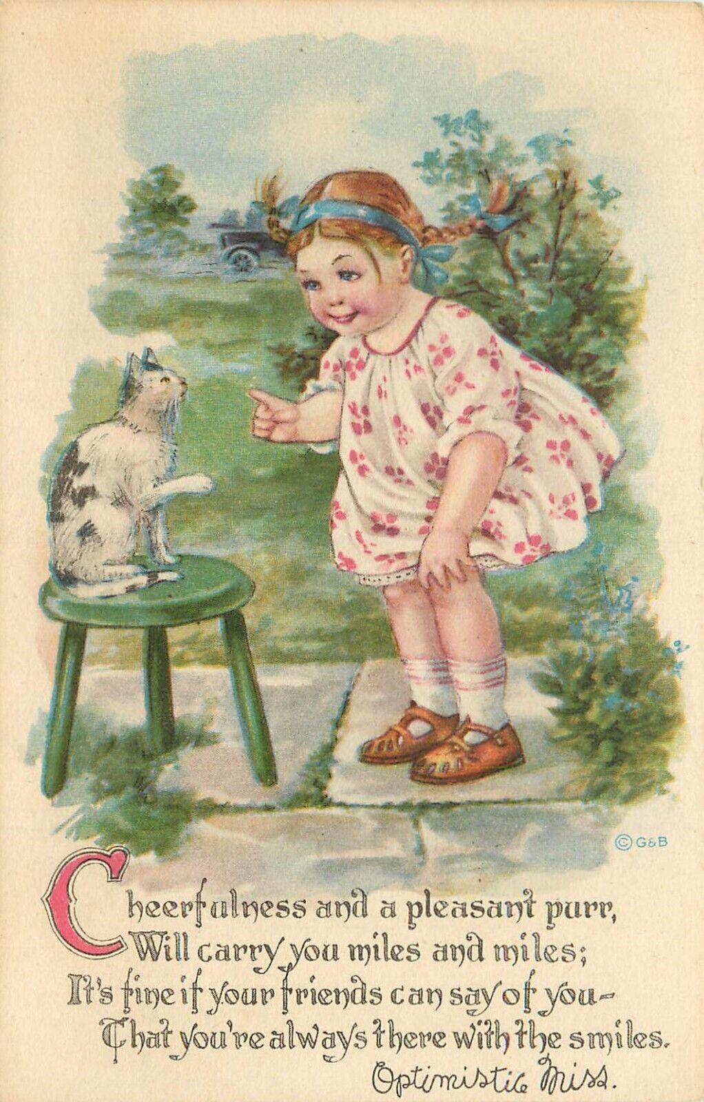 Postcard Optimistic Miss Little Girl Lectures To Cat on Chair, Gartner ...
