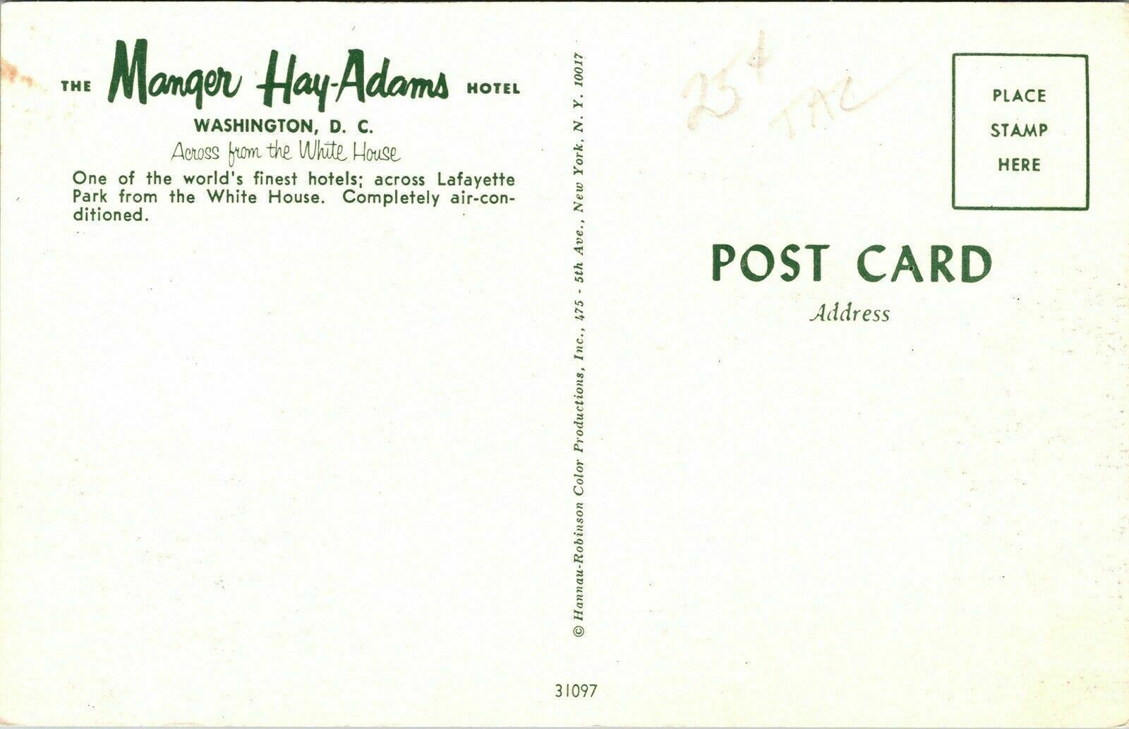 Manger Hay-Adams Hotel Washington DC Old Car VTG Postcard UNP Unused ...