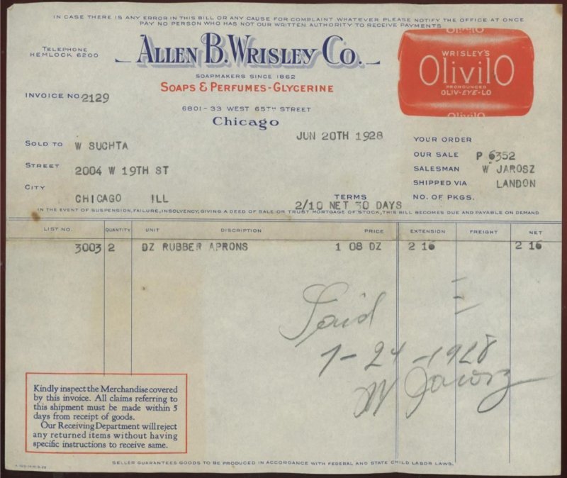 1928 Chicago IL Allen B Wrisley CO Soaps Perfunes Glycerine Invoice 27 ...