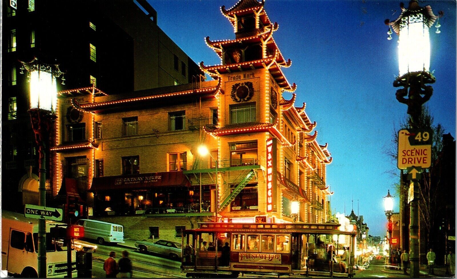 49 Scenic Drive Chinatown Night Scene Trolly People Cars Postcard WOB ...