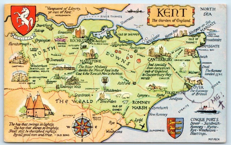 Illustrated Map of KENT England UK salmon 1985 Postcard | Europe ...