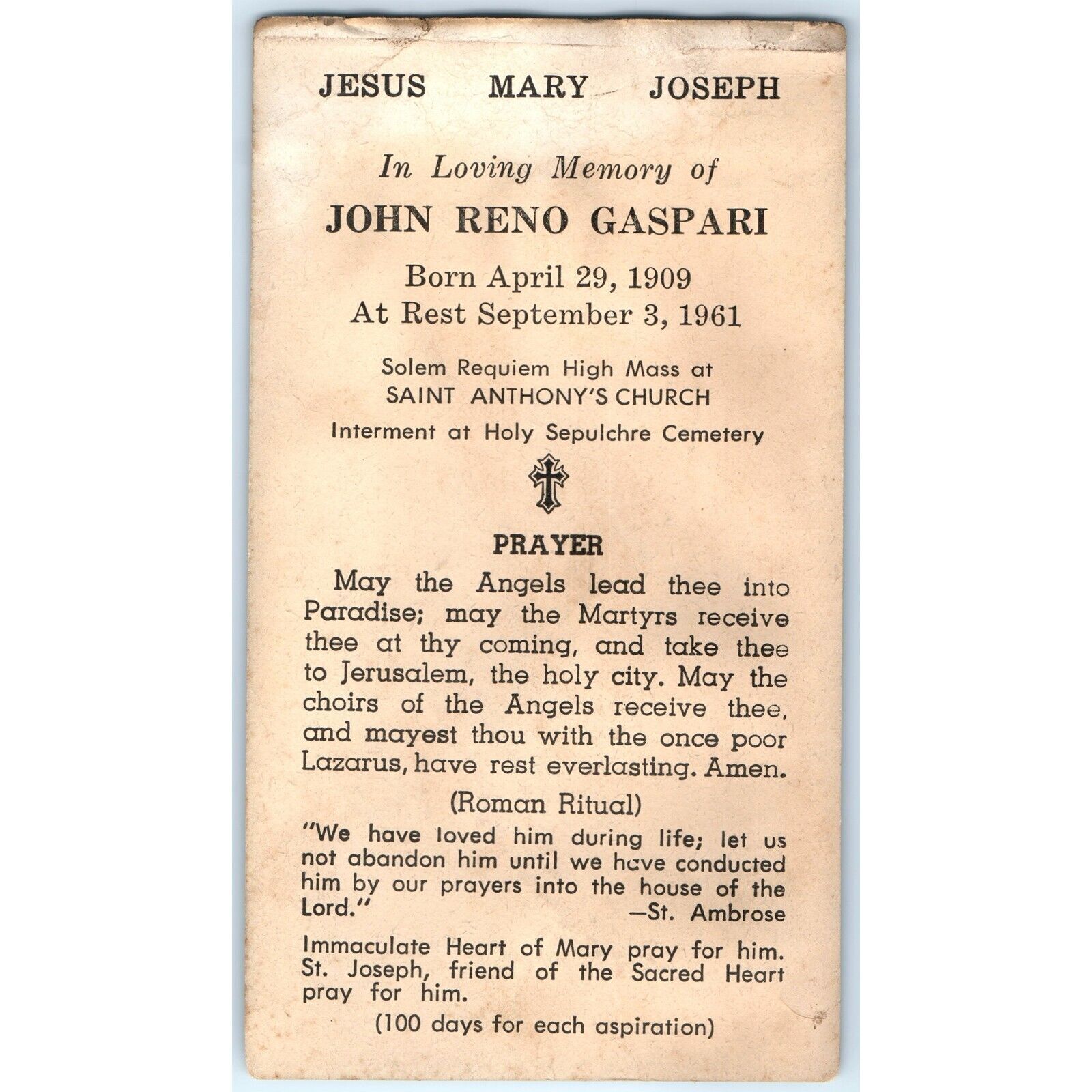 1961 Funeral Card John Reno Gaspari Holy Sepulchre Cemetery St Anthony ...