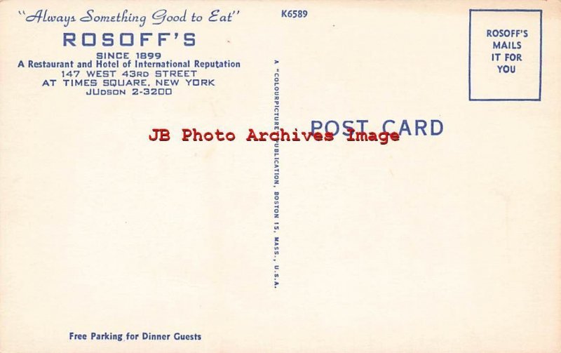 NY, New York City, Rosoff's Restaurant, Interior View, Colourpicture No ...