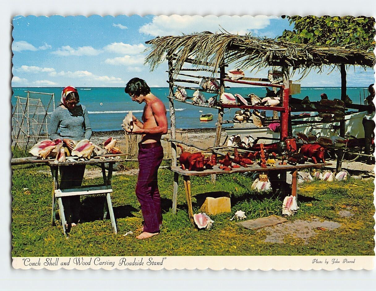 Postcard "Conch Shell and Wood Carving Roadside Stand", Jamaica | Latin ...