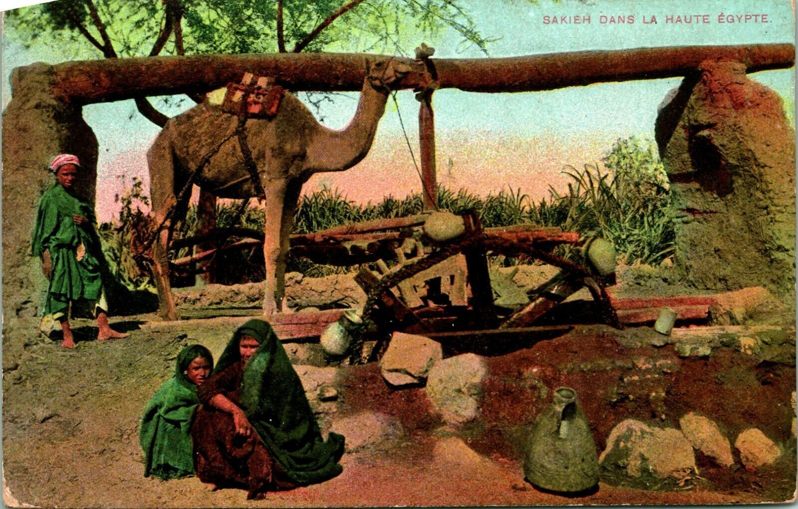 Vtg Postcard 1910s Egypt Sakieh Dans la Haute Waterwheel Green 2 Sphynx ...