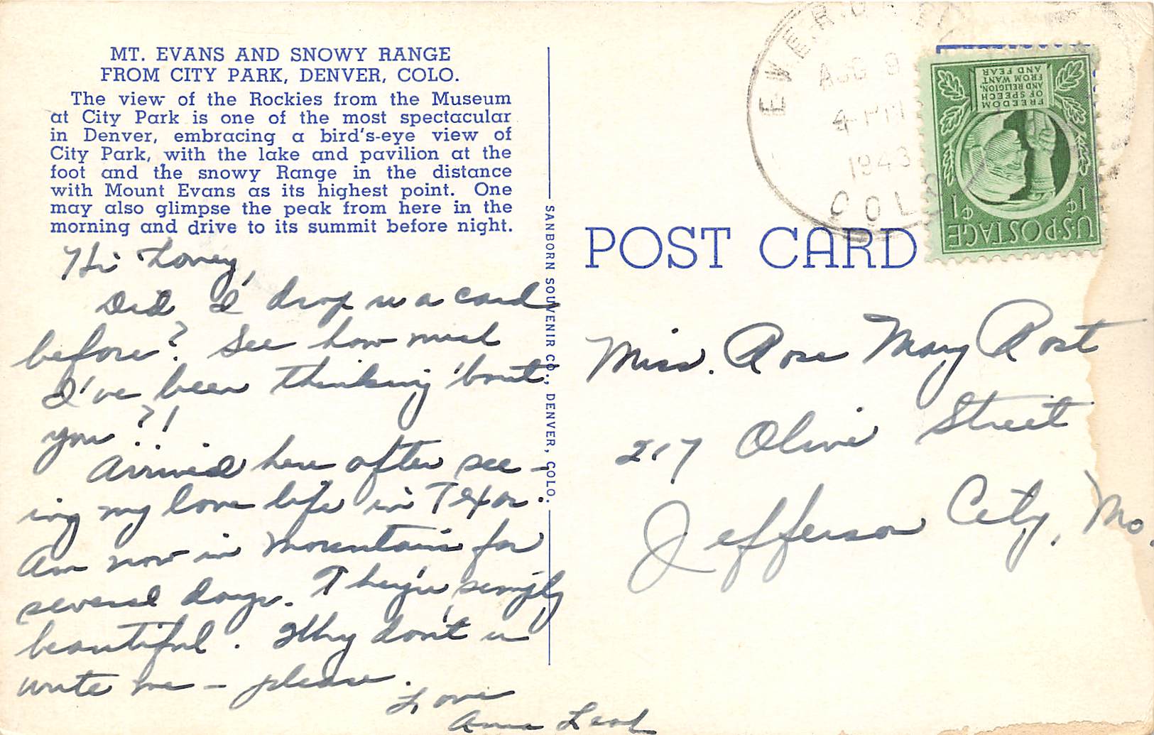 Denver Colorado 1943 Postcard Panorma of City Park from Museum | United ...