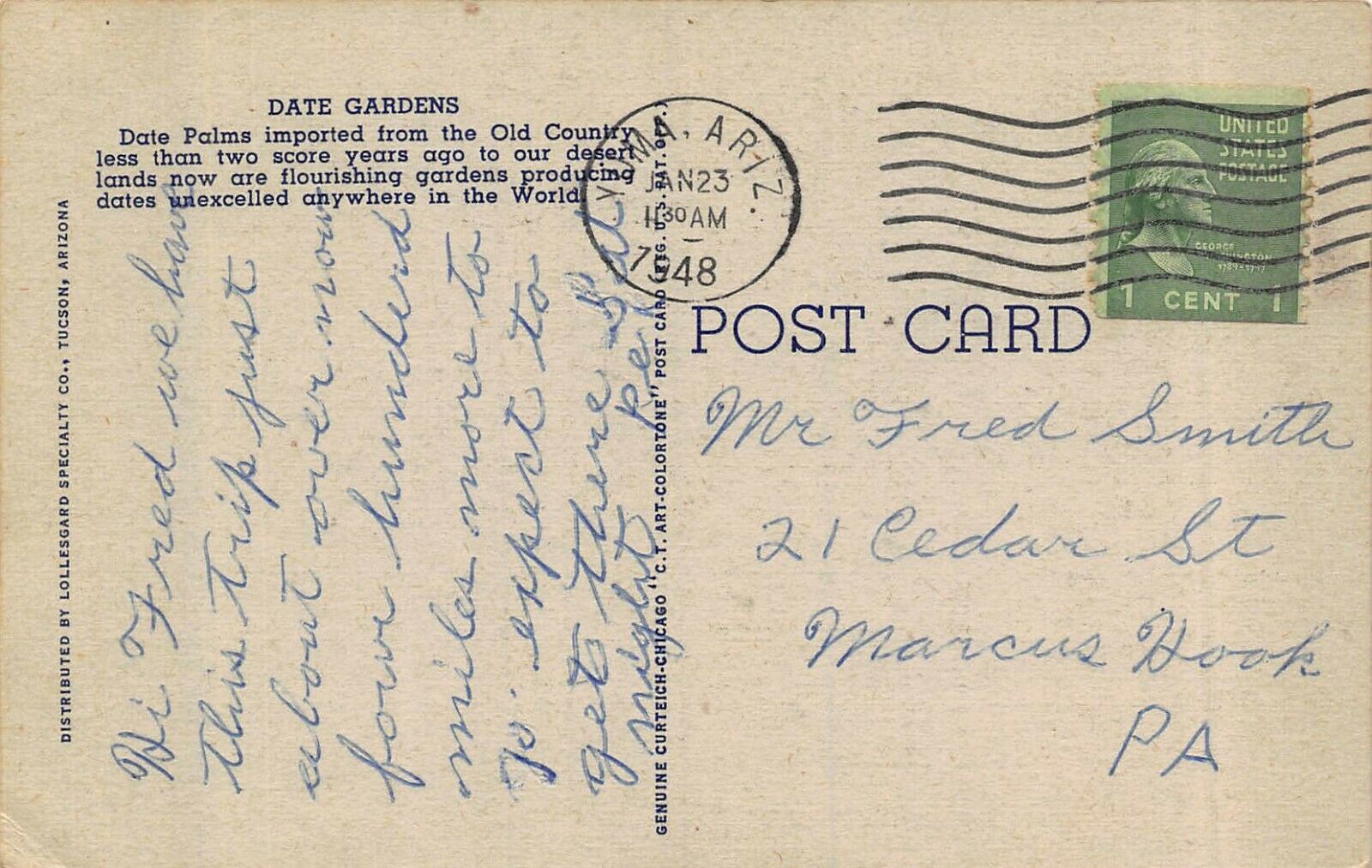Date Grove on the Desert-1948 Yuma Arizona Postmark Postcard | United ...
