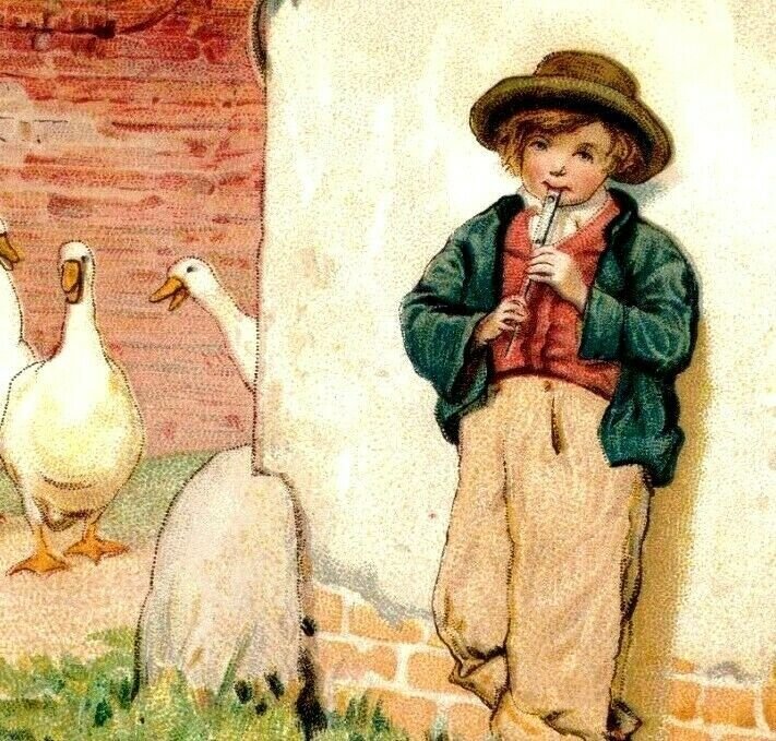1880s-90s Victorian Trade Card Adorable Child Flute & White Ducks Geese ...