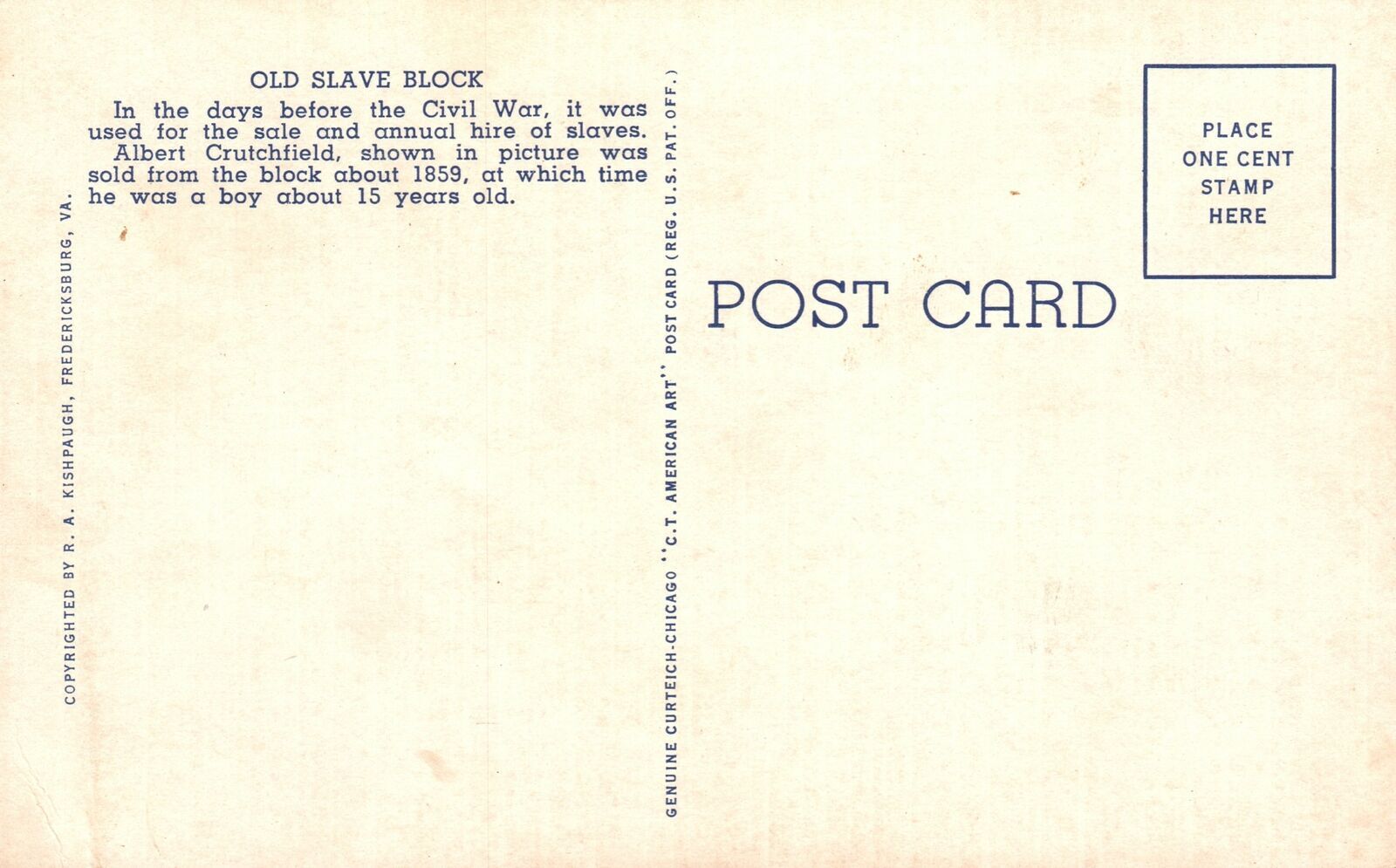 Vintage Postcard 1920's Old Slave Block Civil War Fredericksburg ...