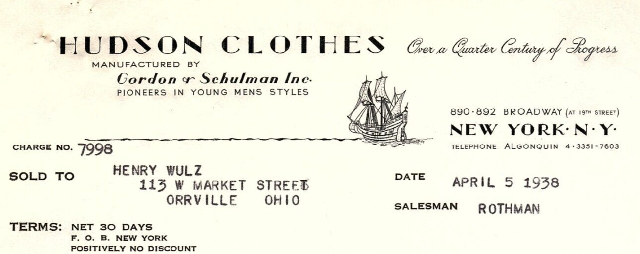 1938 Hudson Clothes Gordon and Schulman N.Y. Young Men's Billhead ...