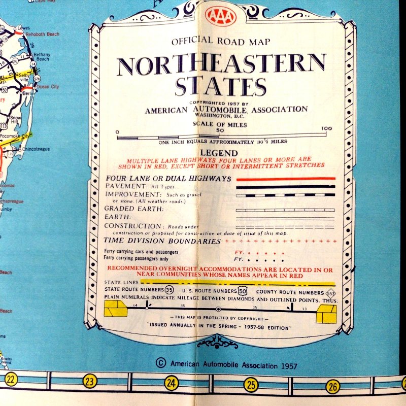 1957 Northeastern States AAA Travel Road Map Mileage Chart With Driving ...