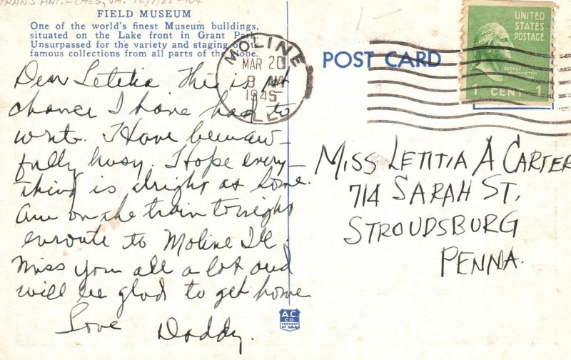 Vintage Postcard 1945 Field Museum of Natural History Building Chicago ...
