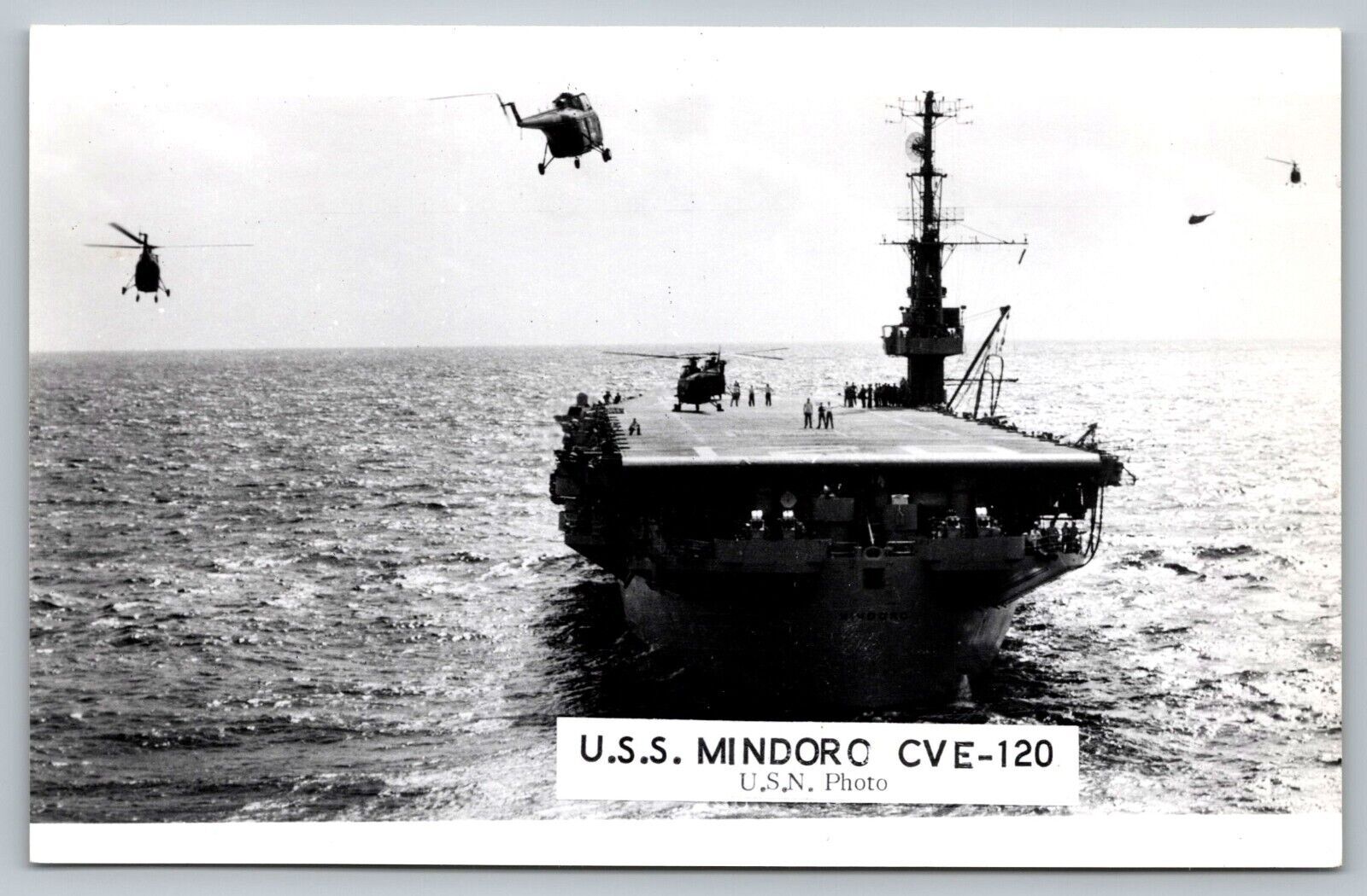 Postcard USS Mindoro CVE-120 Navy Aircraft Carrier Helicopter Landing ...