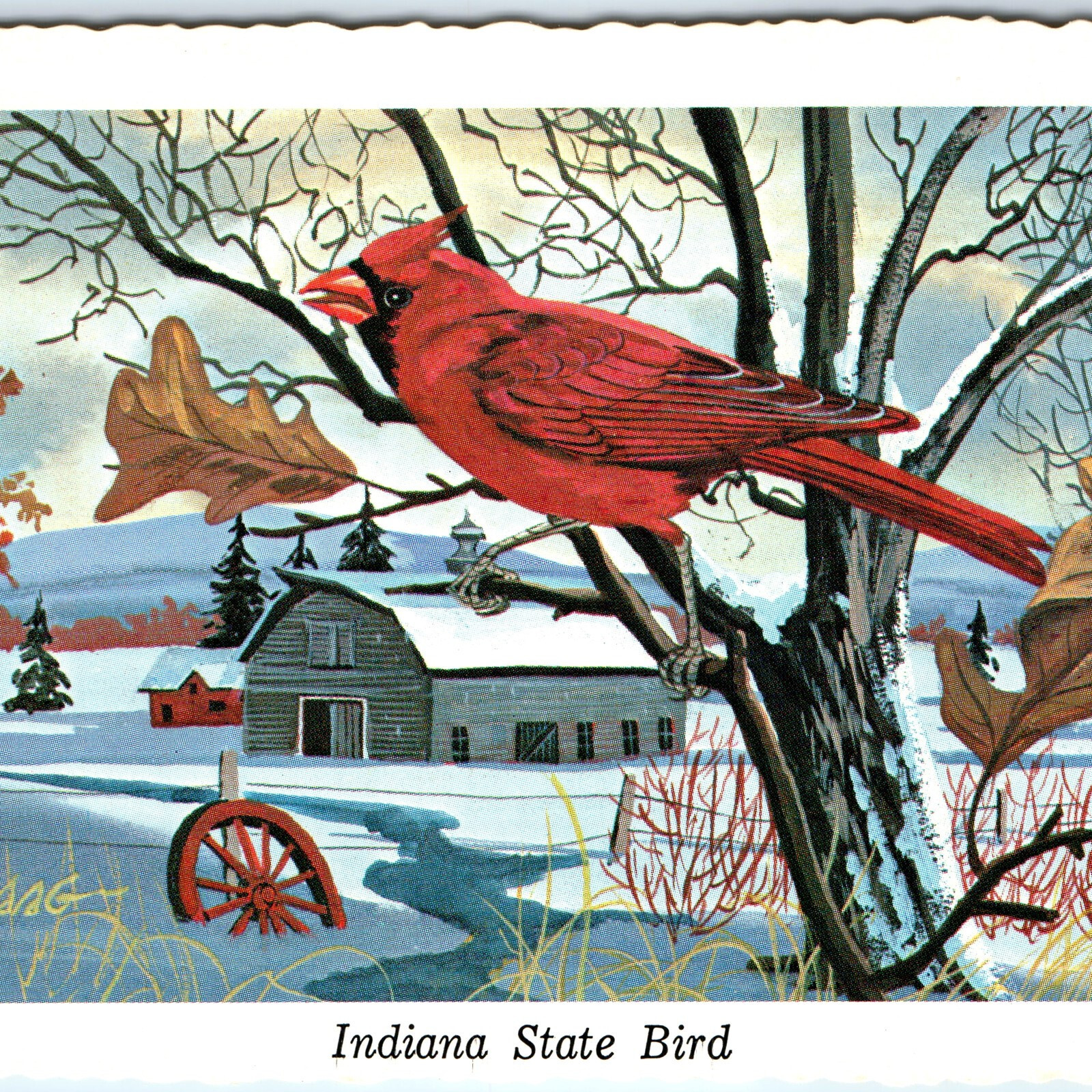 1968 IN Indiana State Bird Cardinal Winter Farm Scene Ken Haag Painting ...