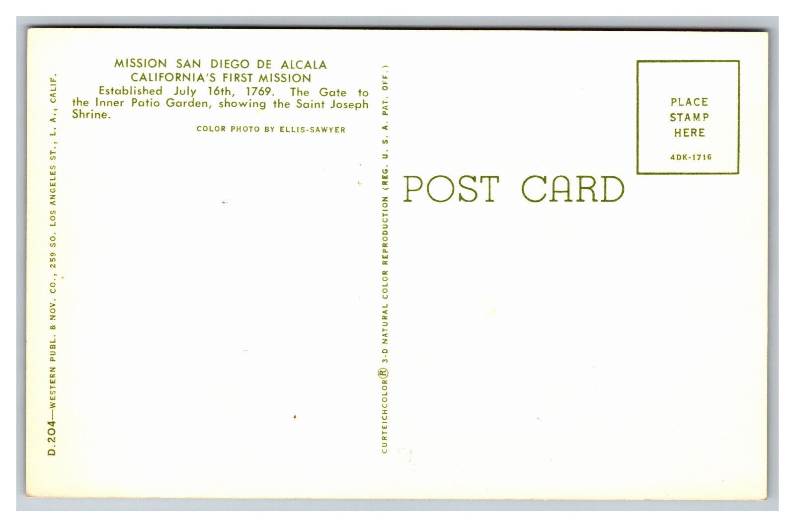 Mission San Diego De Alcala California's First Mission Postcard ...
