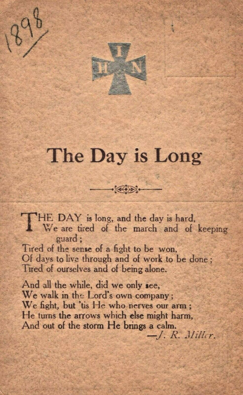 Religious Poem J.R. Miller 'The Day is Long' helen a. casterline c.1898 ...