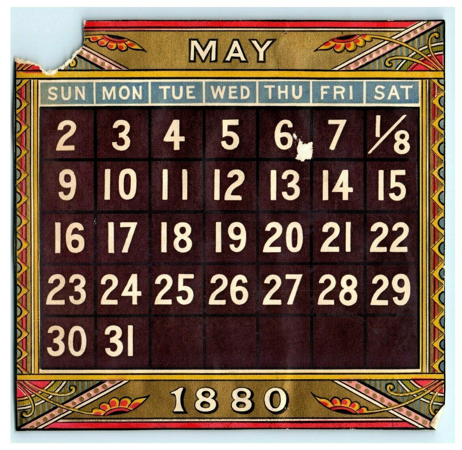 1880 Graphical Scrap Cincinnati OH Printers May Calendar Art Nouveau ...