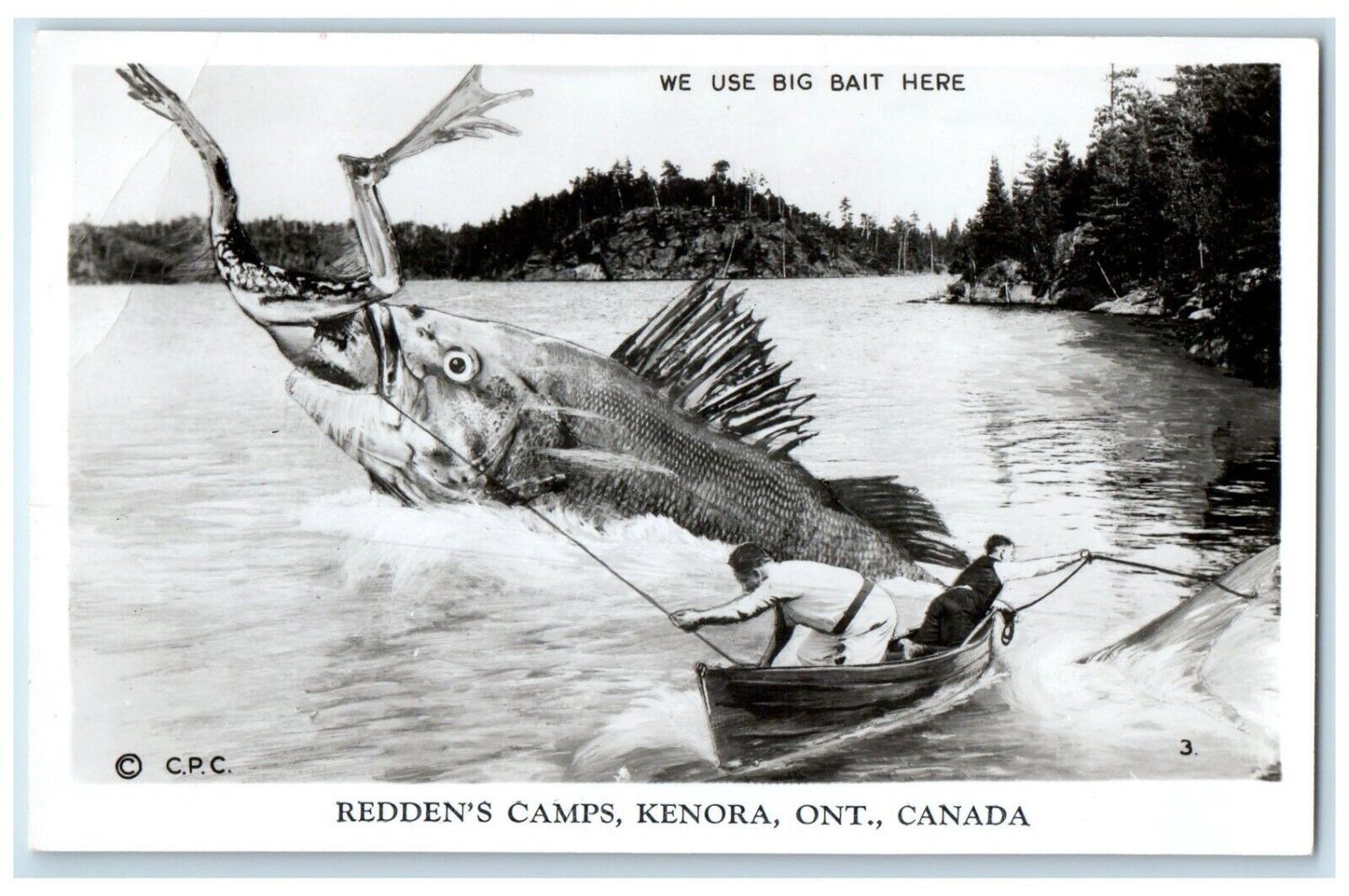 Redden's Camps Kenora Ontario Canada, Man Exaggerated Fish RPPC Photo ...