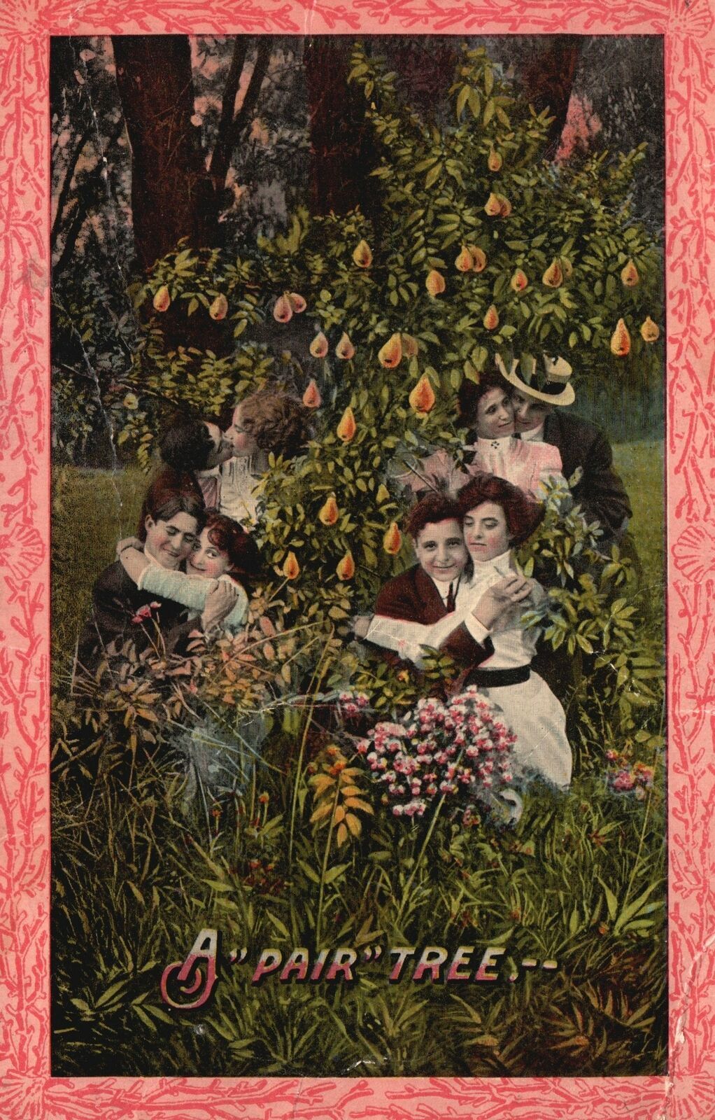 Vintage Postcard 1911 Lovers In The Pair Tree Four Couples Under The ...