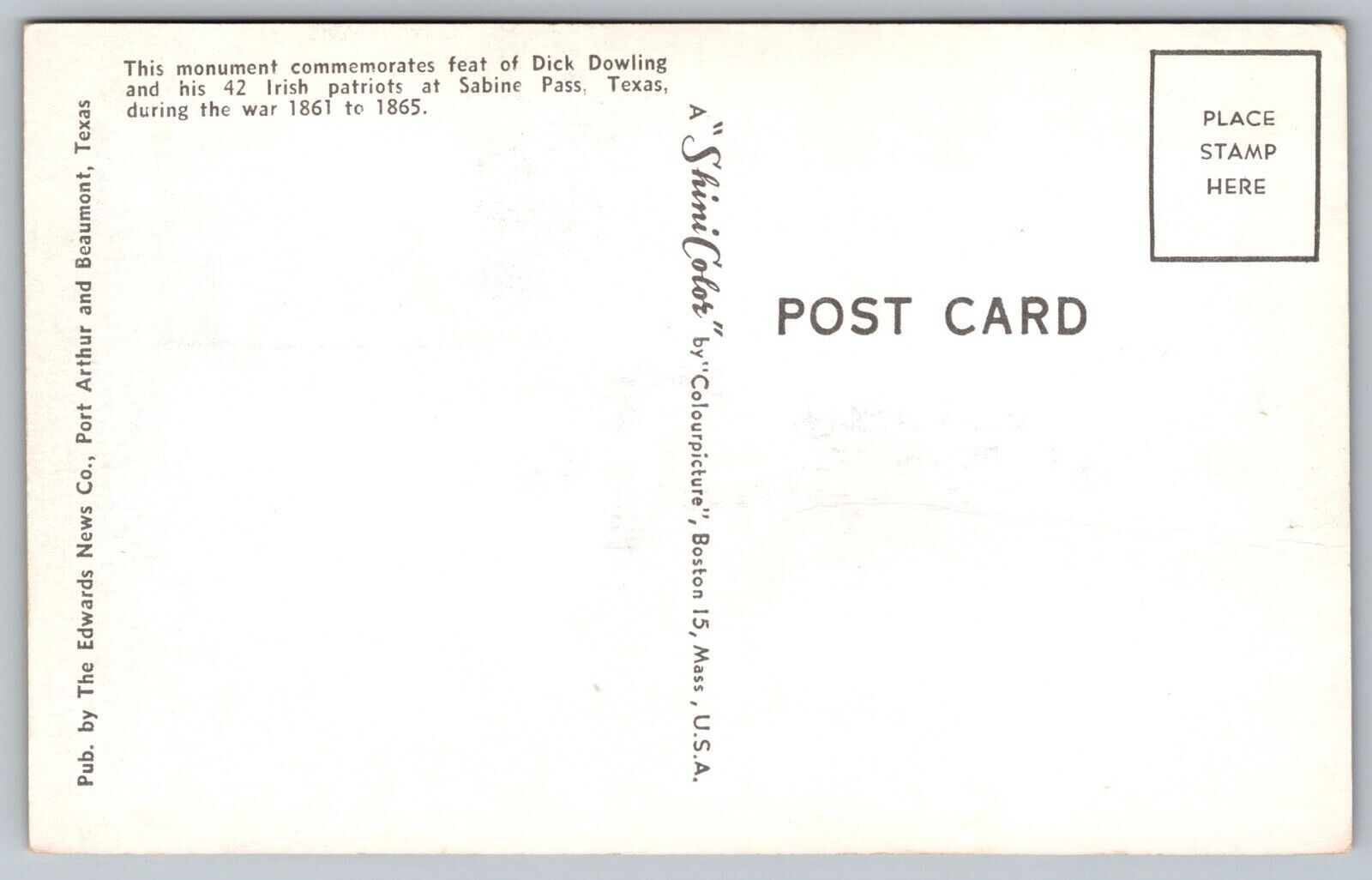 Sabine Pass Texas Dick Dowling Monument Historic Landmark DB UNP ...