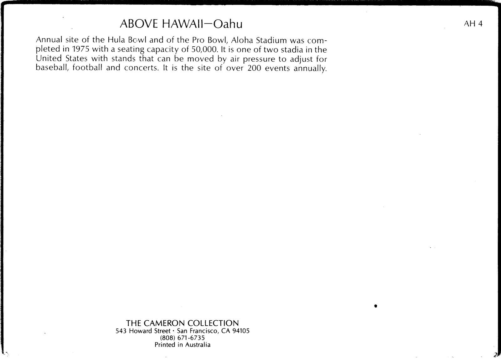 Continental Size Postcard Aerial View of the PRO Bowl Aloha Stadium ...