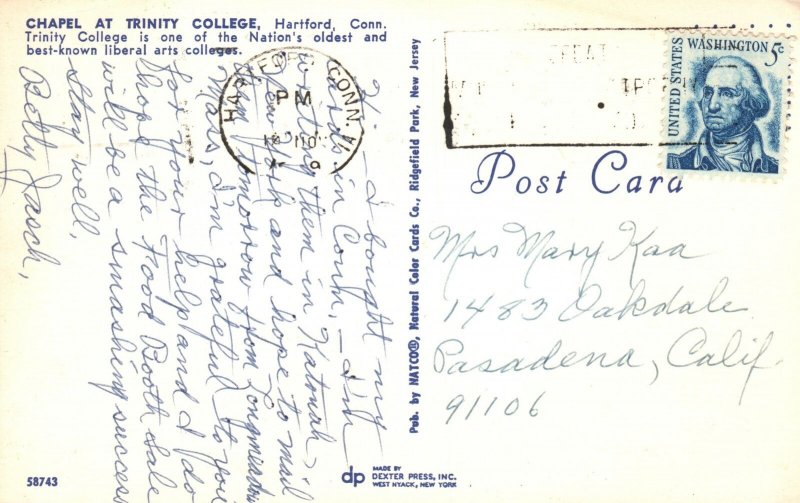 Vintage Postcard Chapel Trinity Oldest Liberal Arts College Hartford ...