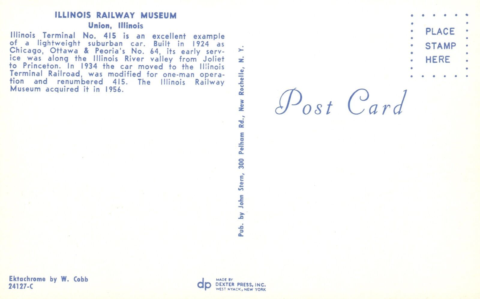 Vintage Postcard Illinois Railway Museum Union Terminal No. 415 ...