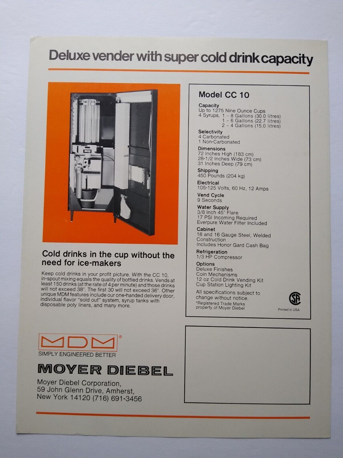 Moyer Biebel Cold Drinks Vending Machine Flyer Model CC-10 Vintage 8.5 ...