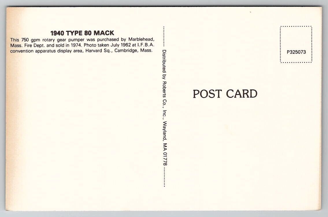 1940 Type 80 Mack Pumper Fire Truck Marblehead Mass Postcard K30 ...