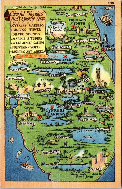 FL-Florida, State Map, Points Of Interest & Attractions, Linen c1954 ...