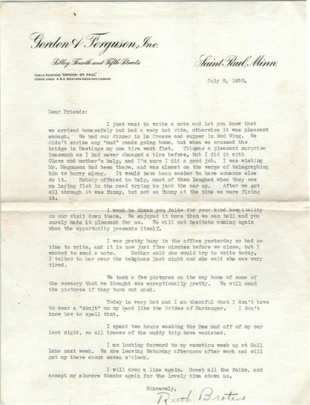 1930 Gordon & Ferguson Letterhead Letter Telegraph St Paul La Crosse ...