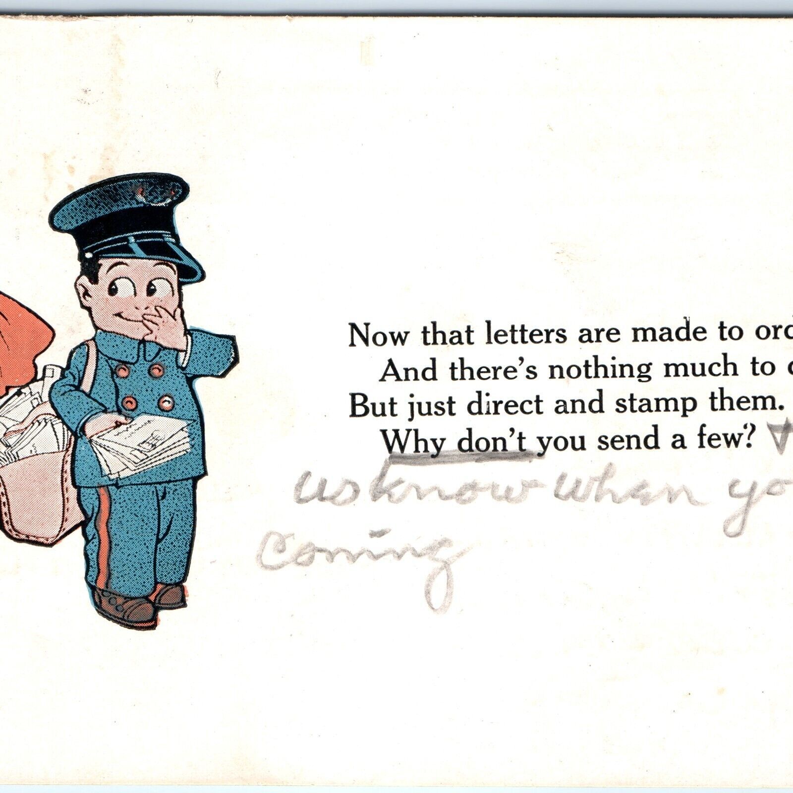 c1910s Cute Mailman Woman Check Mailbox Children Illustrated Art Comic ...