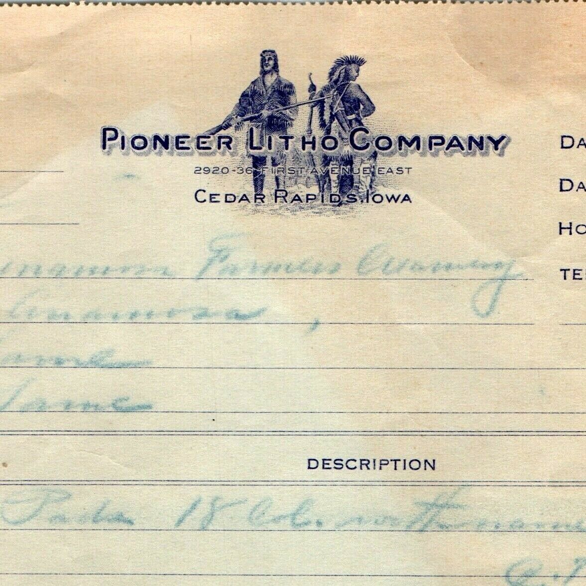 1920 Cedar Rapids, Iowa Pioneer Litho Letterhead Antique Invoice ...