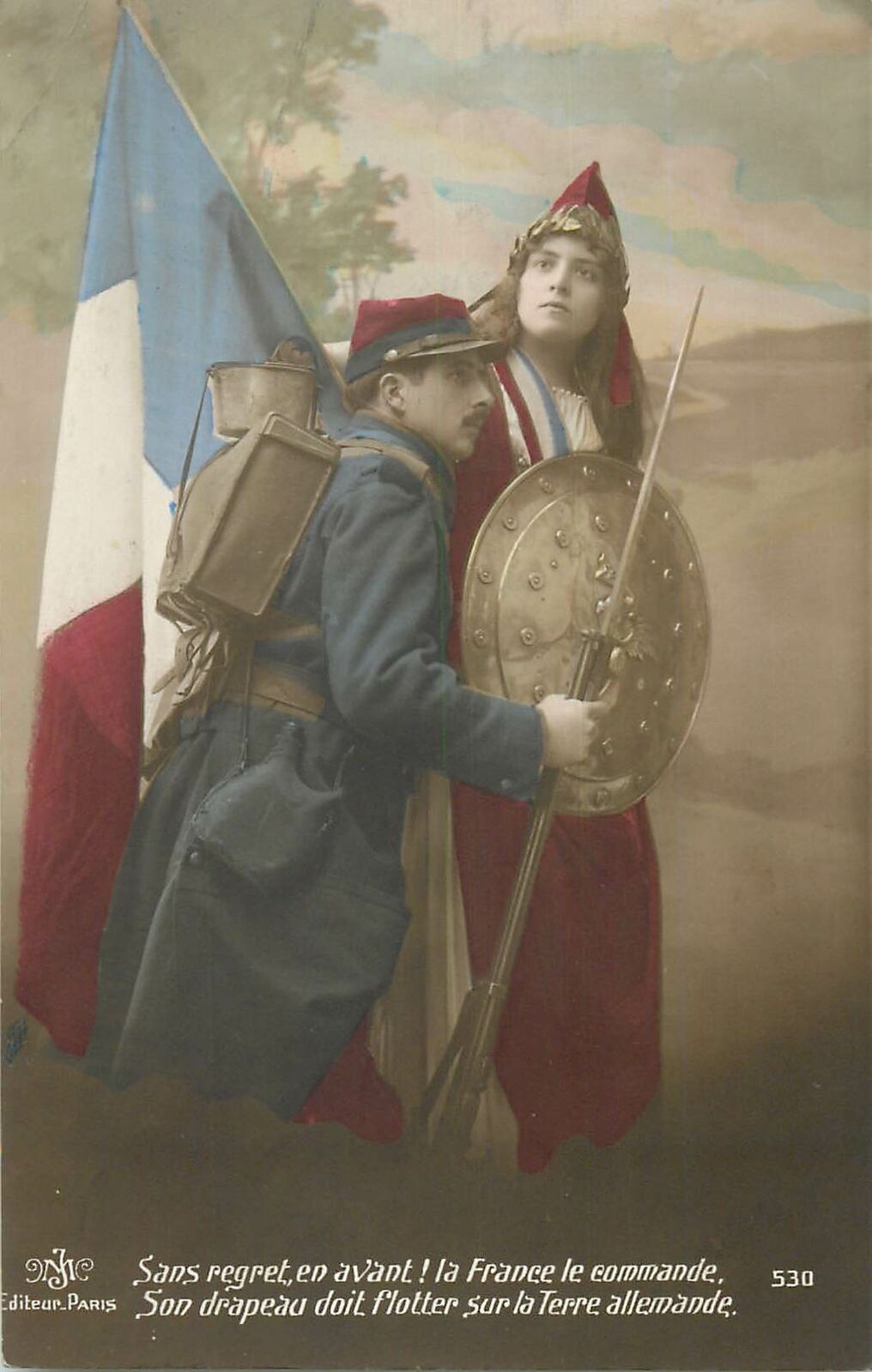 WW1 France world war one patriotic military allegory flag bouquet woman ...