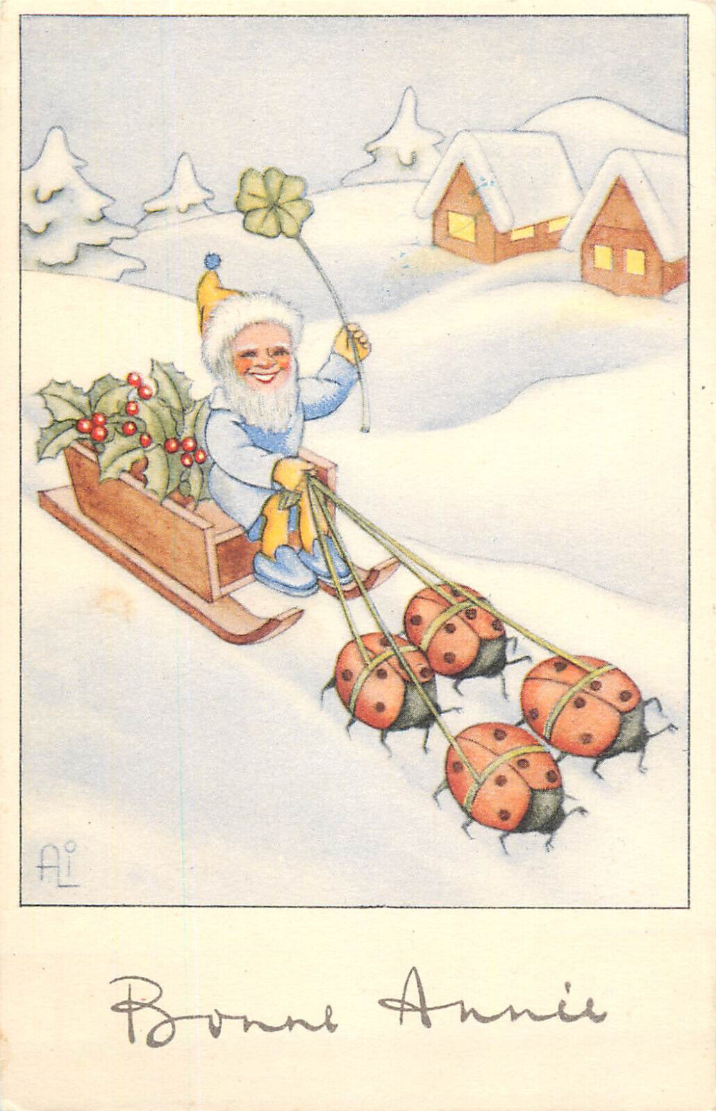 New Year luck dwarf gnome and ladybugs sledge fantasy artist postcard ...