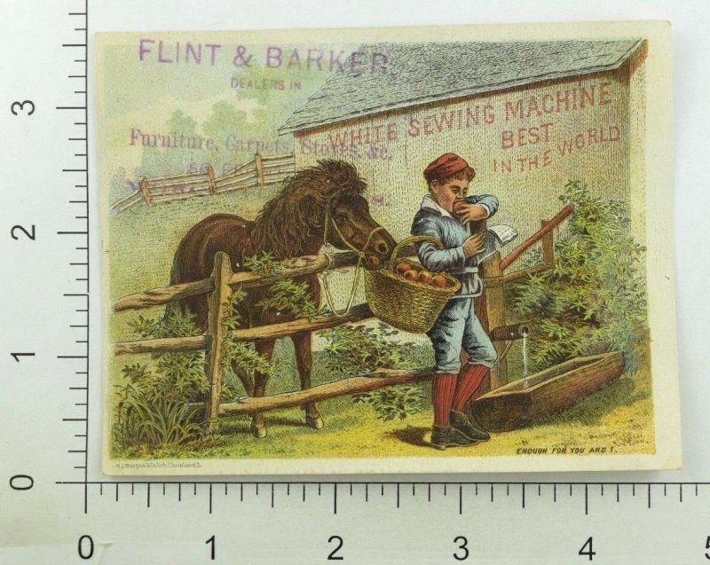Flint & Barker Dealers White Sewing Machine Boy Basket Apples Hungry ...