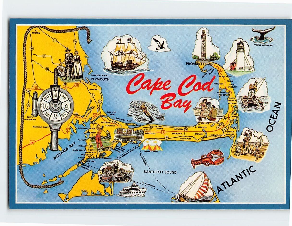 Postcard Map of Cape Cod Massachusetts USA | United States ...