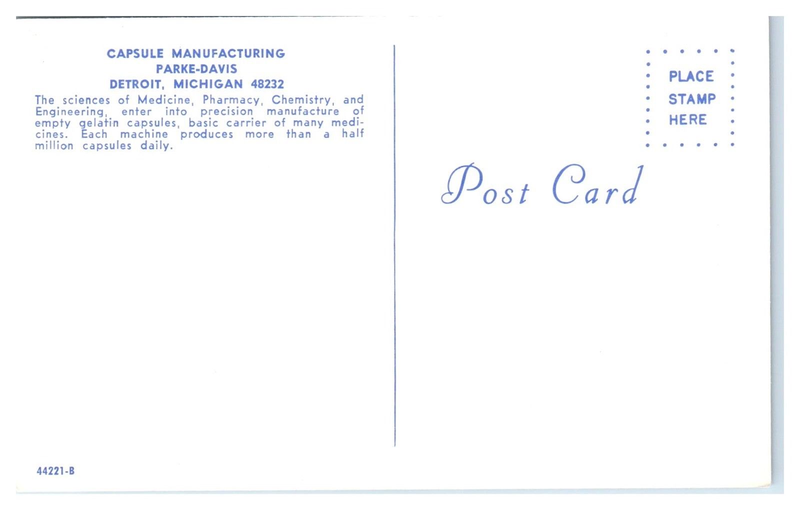 1950s/60s Capsule Manufacturing, Parke-Davis, Detroit, MI Postcard ...