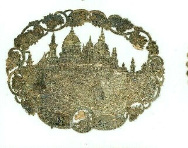1870s-80s Die-Cut Dresden Fabric Label Buildings Boats Fab! P225 ...