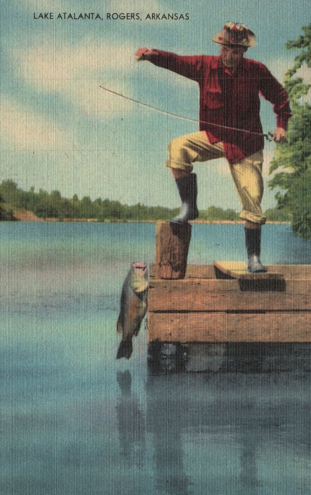 Vintage Postcard Man Catching Fish at Lake Atlanta Rogers Arkansas H. L ...