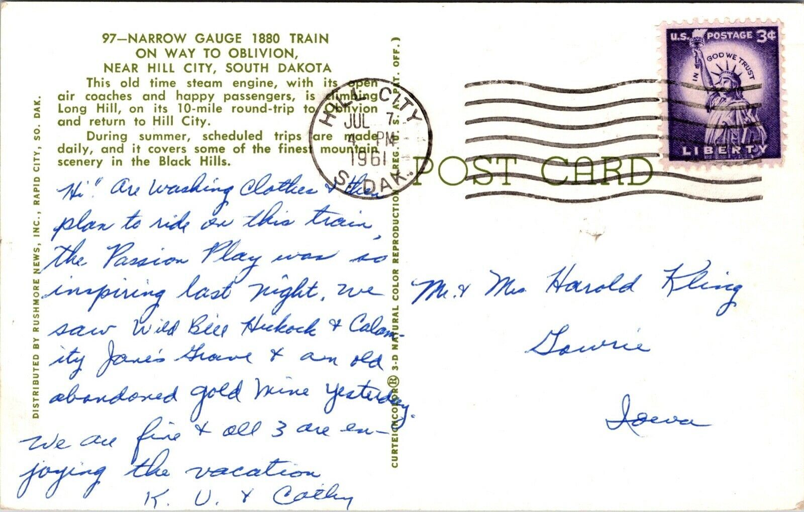 Postcard Narrow Gauge 1880 Train near Hill City, South Dakota~1315 ...