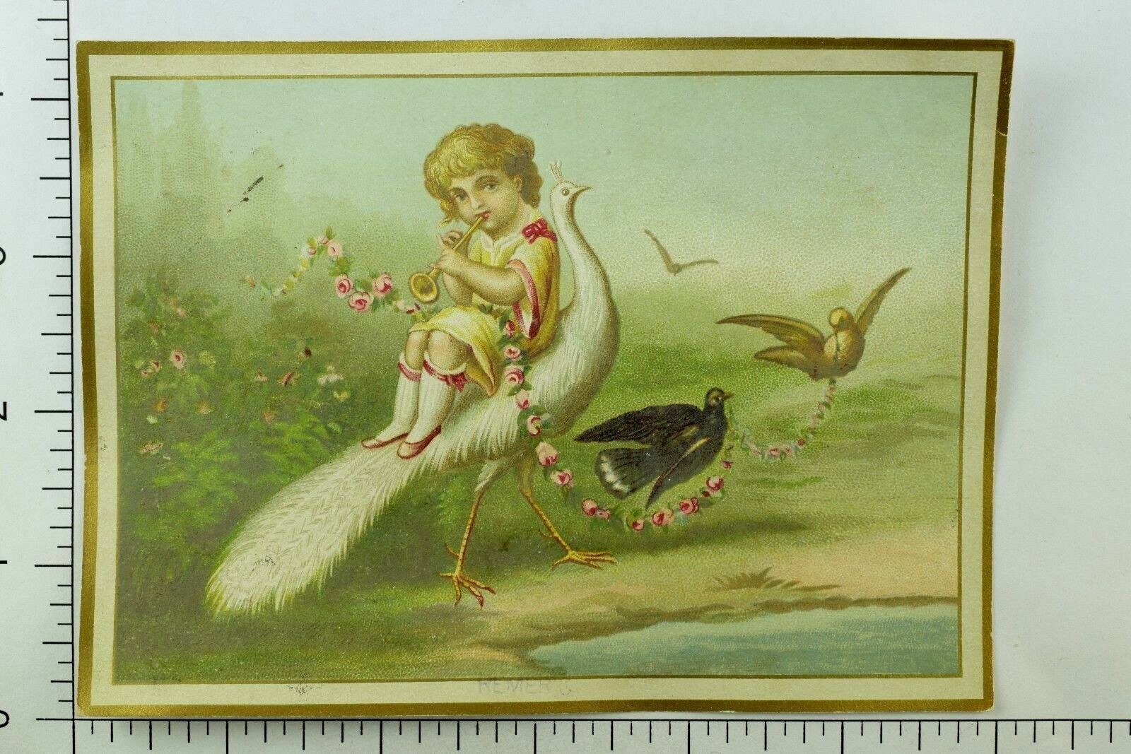 1880's-90's Victorian Trade Card Child Trumpet On Back Of White Peacock ...