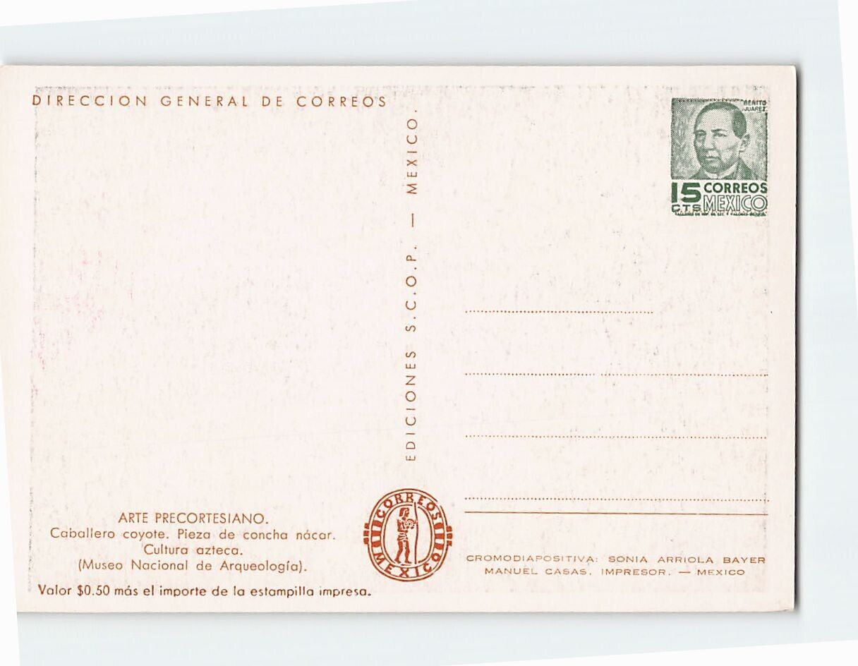 Postcard Caballero Coyote Pieza De Concha Nacar Cultura Azteca | Other ...