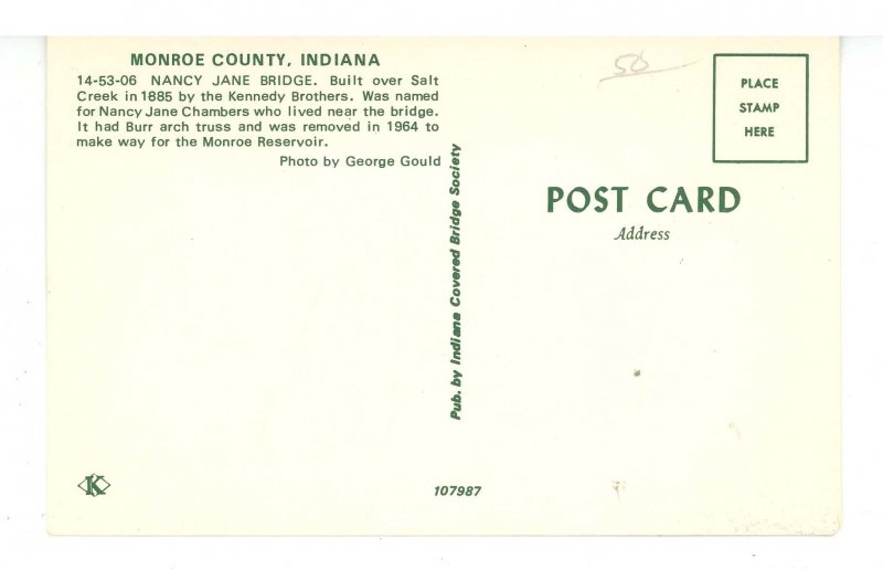 IN - Monroe County. Nancy Jane Bridge, Salt Creek- removed 1964 for ...