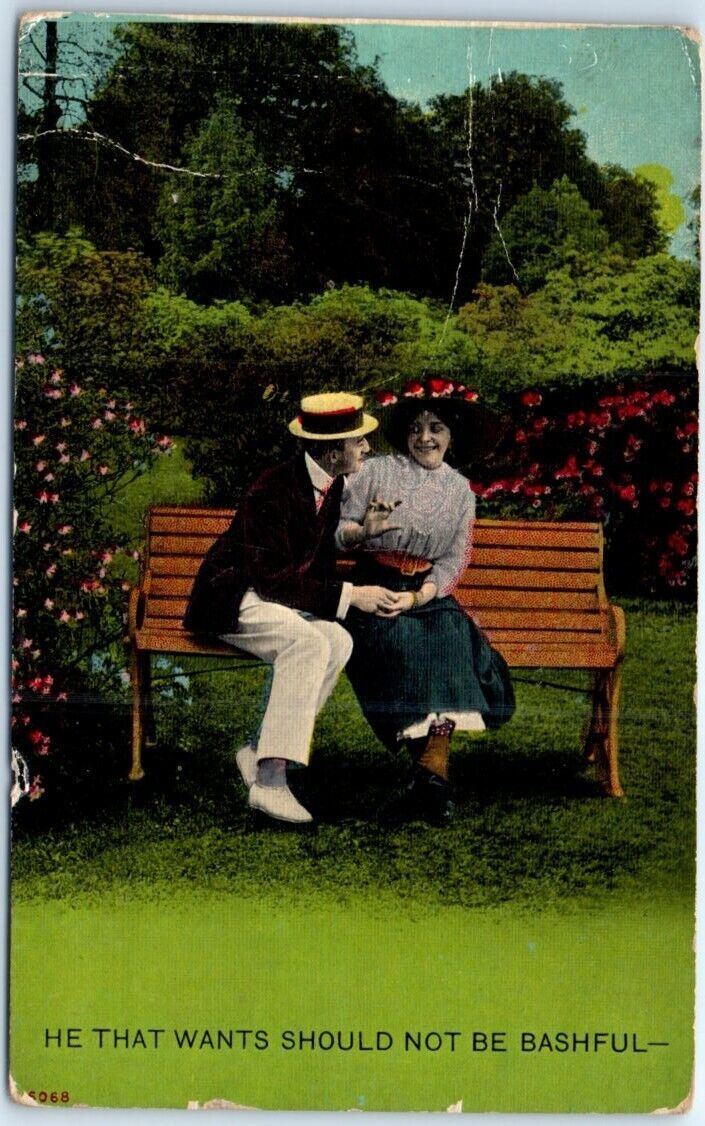 Postcard "He that wants should not be bashful." - Lover on Bench - Love ...