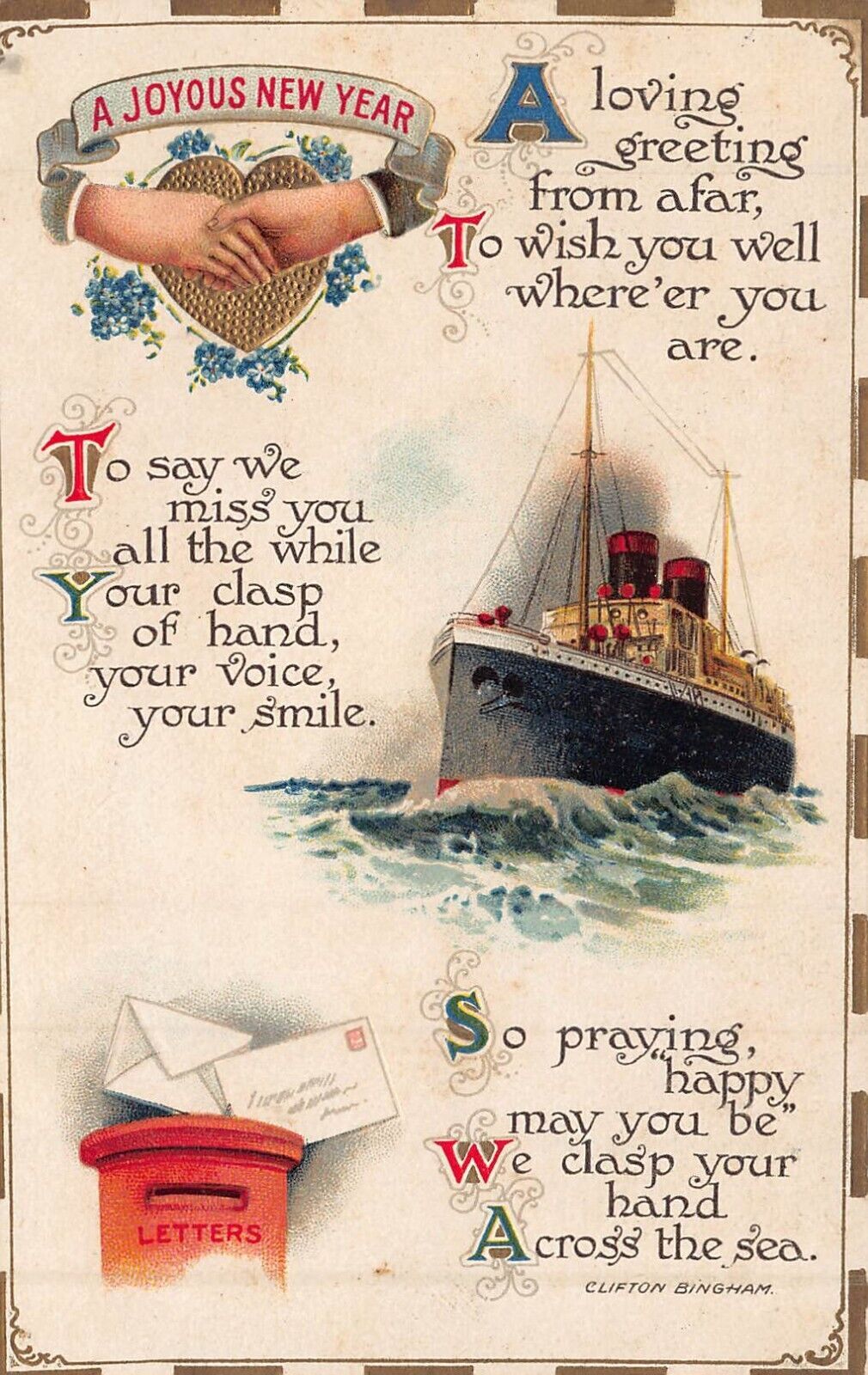 Clifton Bingham-Multiple Poem-Joyous New Year-Steamer Ship-Hands Across ...