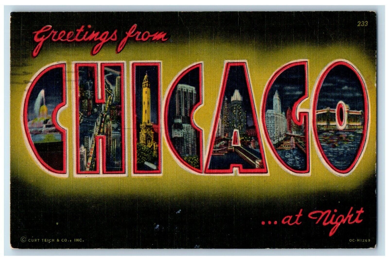 1954 Greetings From Night Chicago Illinois Big Letters Multiview Town ...
